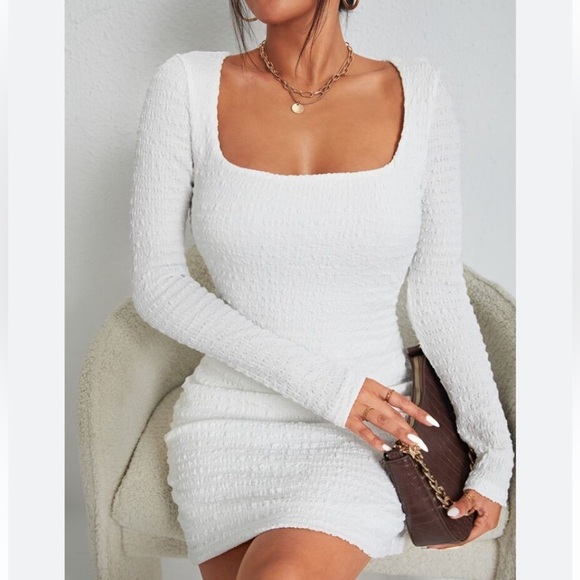 SHEIN | Dresses | Priv Square Neck Textured Knit Bodycon Dress S 88 Sexy Puckered White | Poshmark